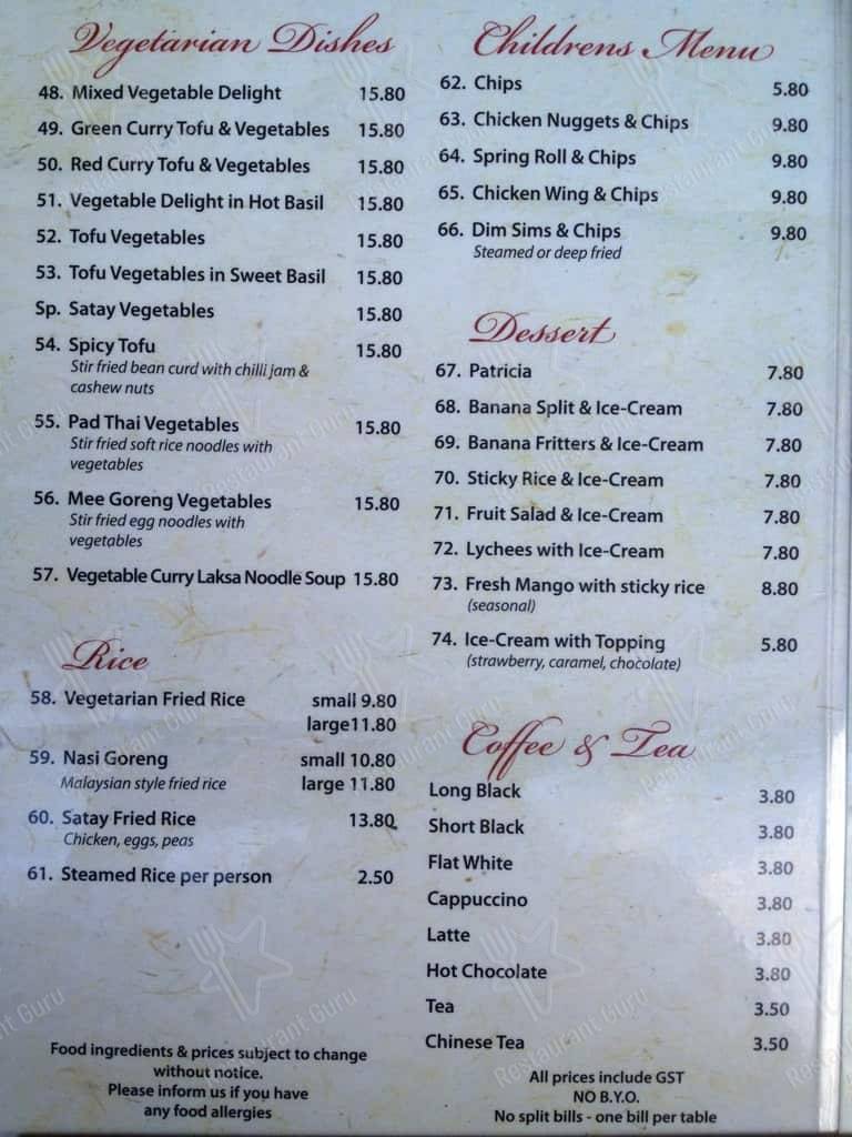 Menu at BungaRaya Satay House Malaysian Restaurant, Merimbula