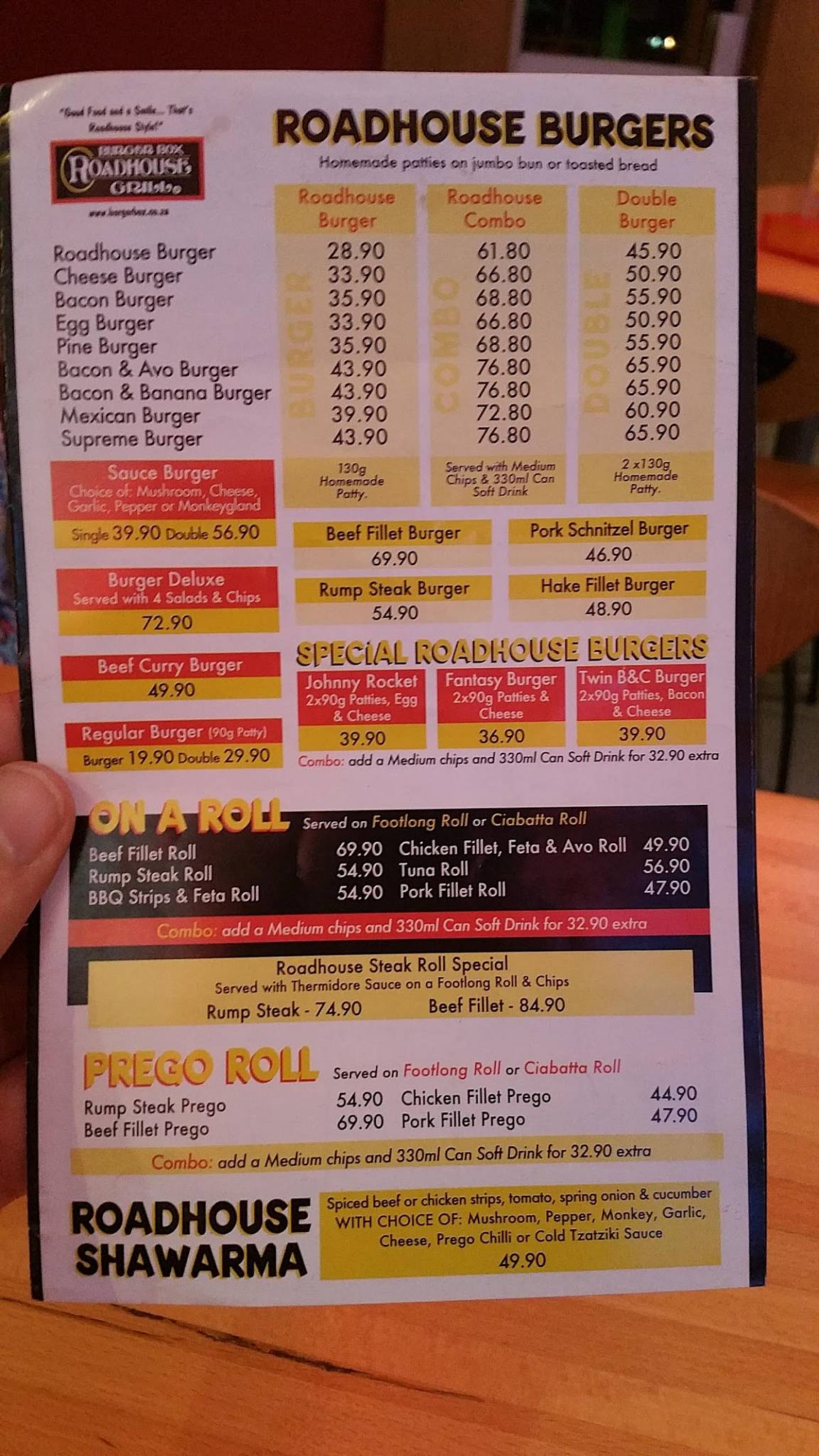 Menu at Burger Box Roadhouse restaurant, Krugersdorp, Gauteng