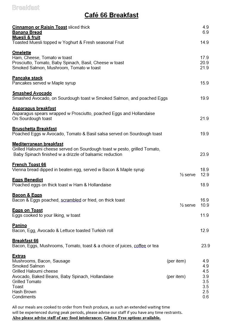 Menu at Cafe 66, Port Macquarie, 1/66 Clarence St