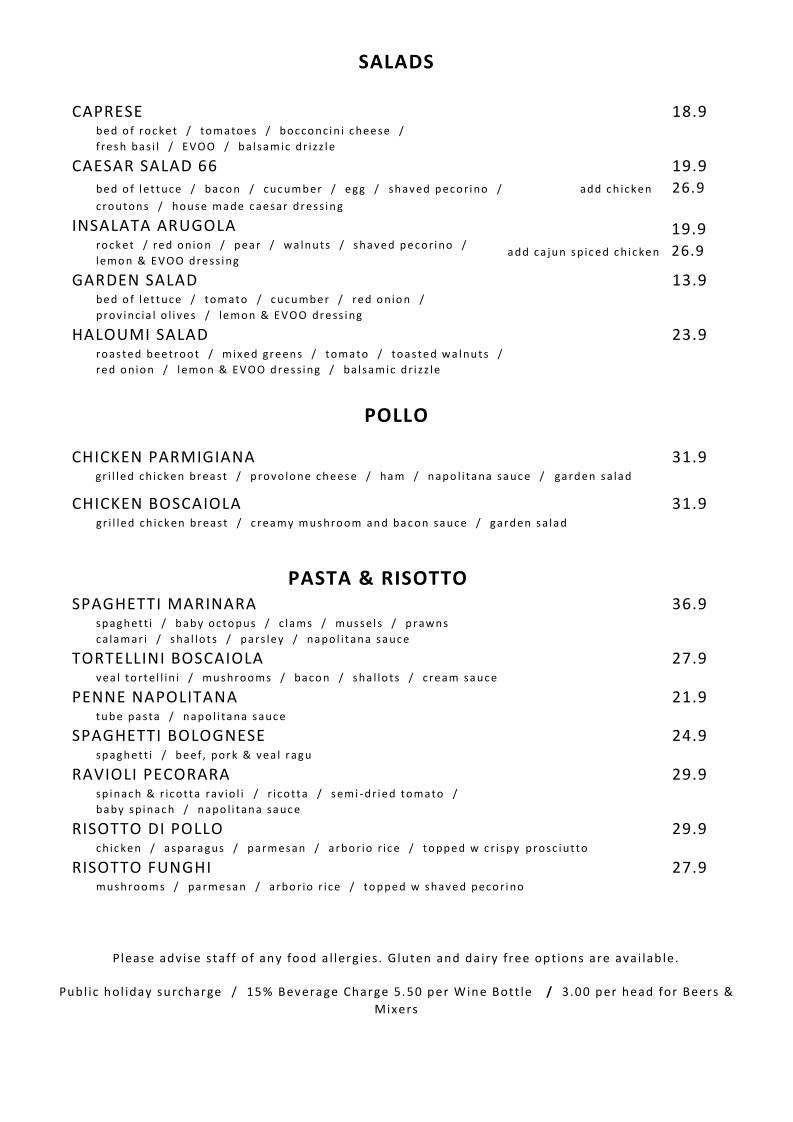 Menu at Cafe 66, Port Macquarie, 1/66 Clarence St
