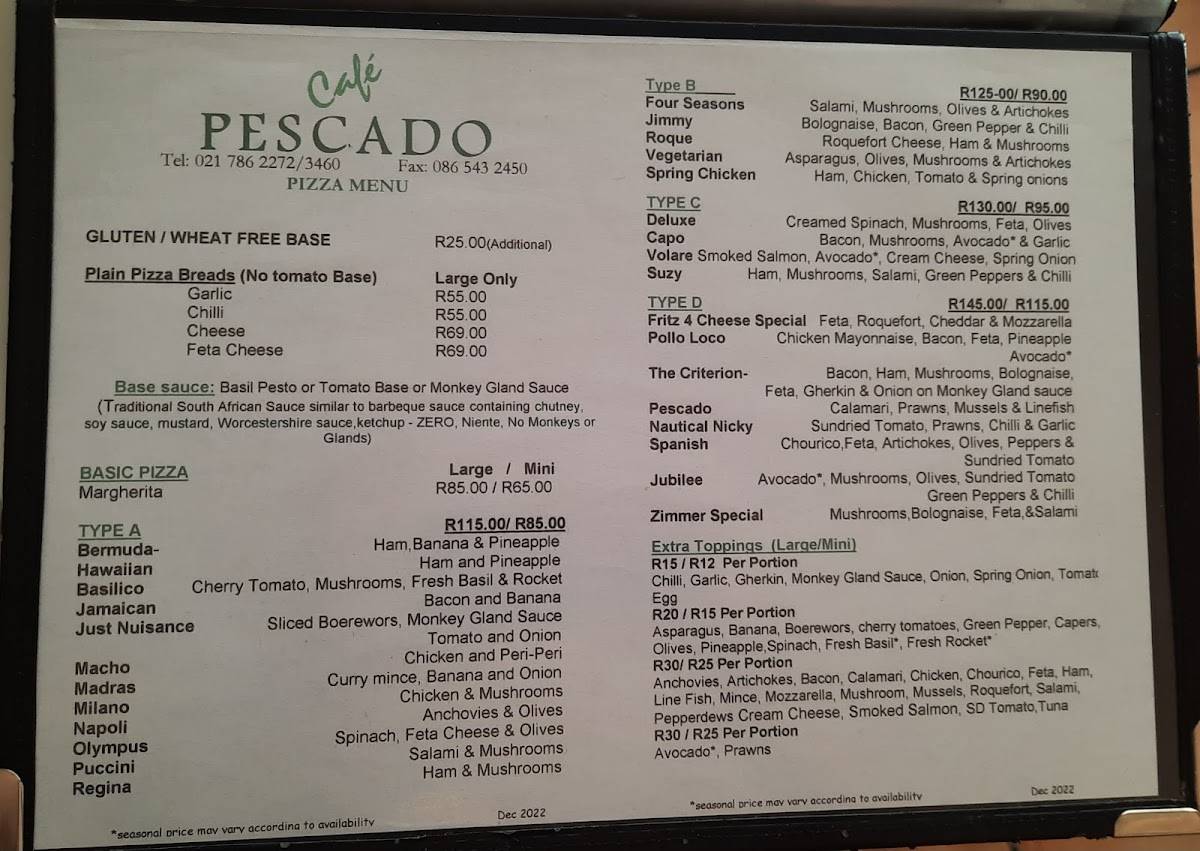 Menu at Cafe Pescado, Cape Town