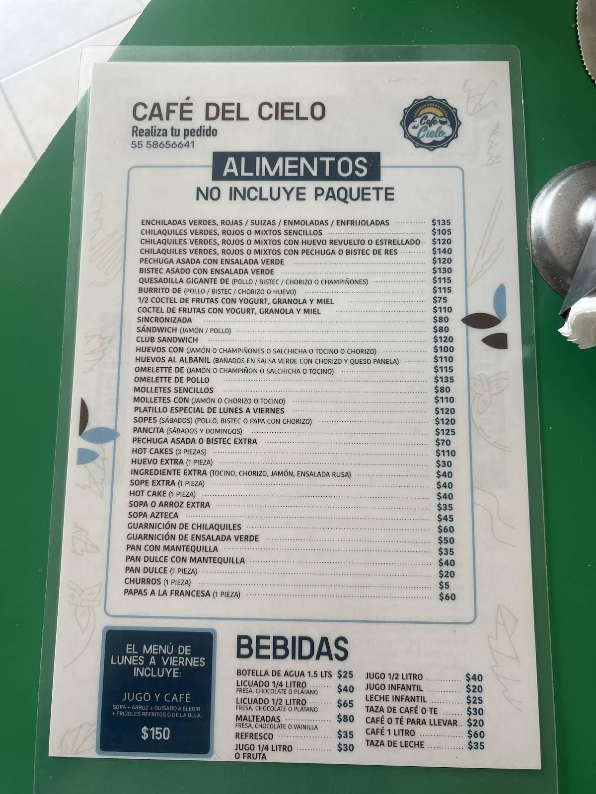 Carta de Restaurant Café del Cielo, San Francisco Coacalco