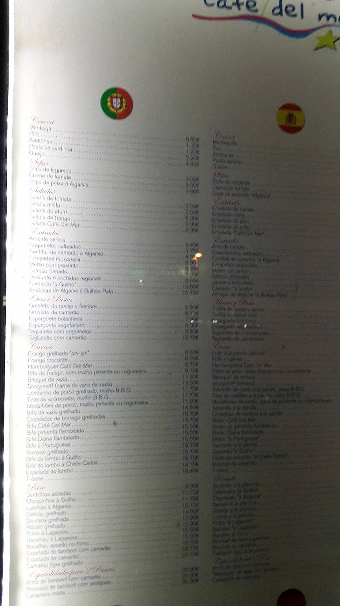 Menu at Cafe del mar, Portimão