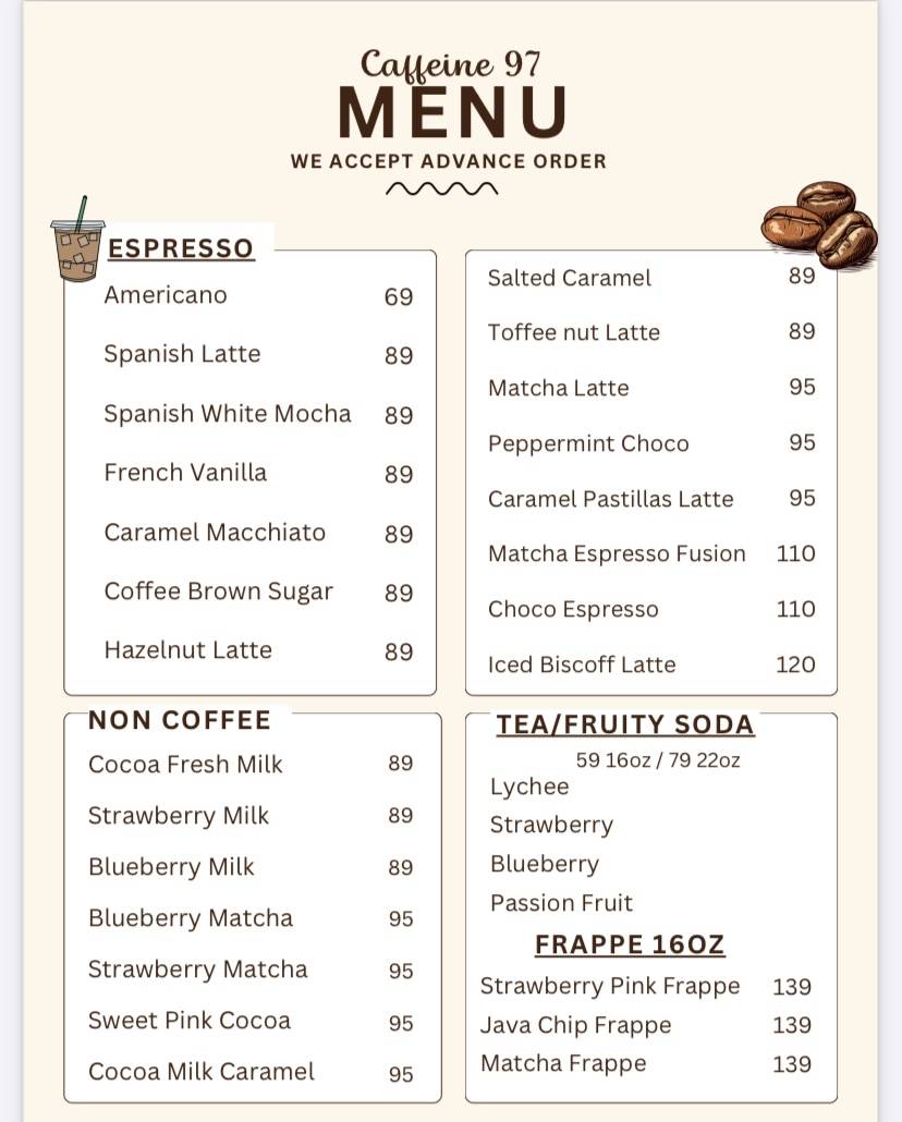 Menu at Caffeine 97, Lumban