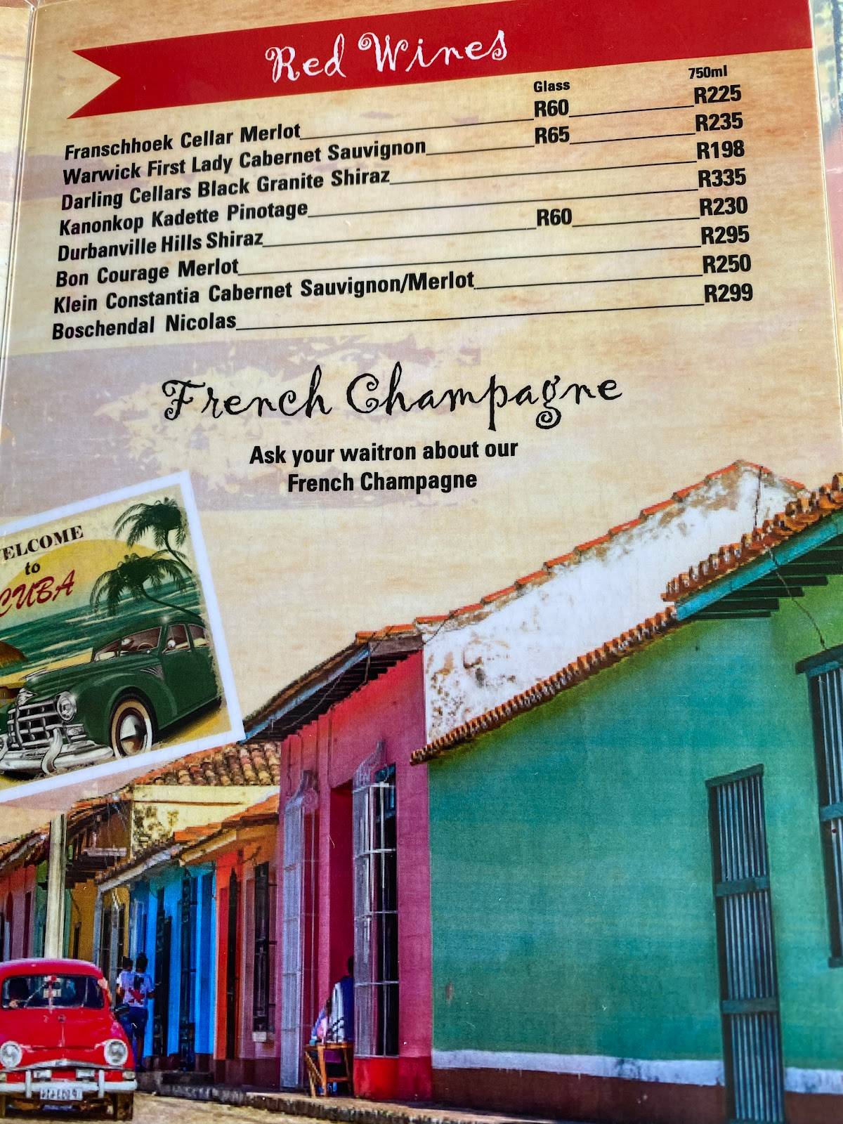 Menu at Cape to Cuba restaurant, Cape Town, 165 Main Rd
