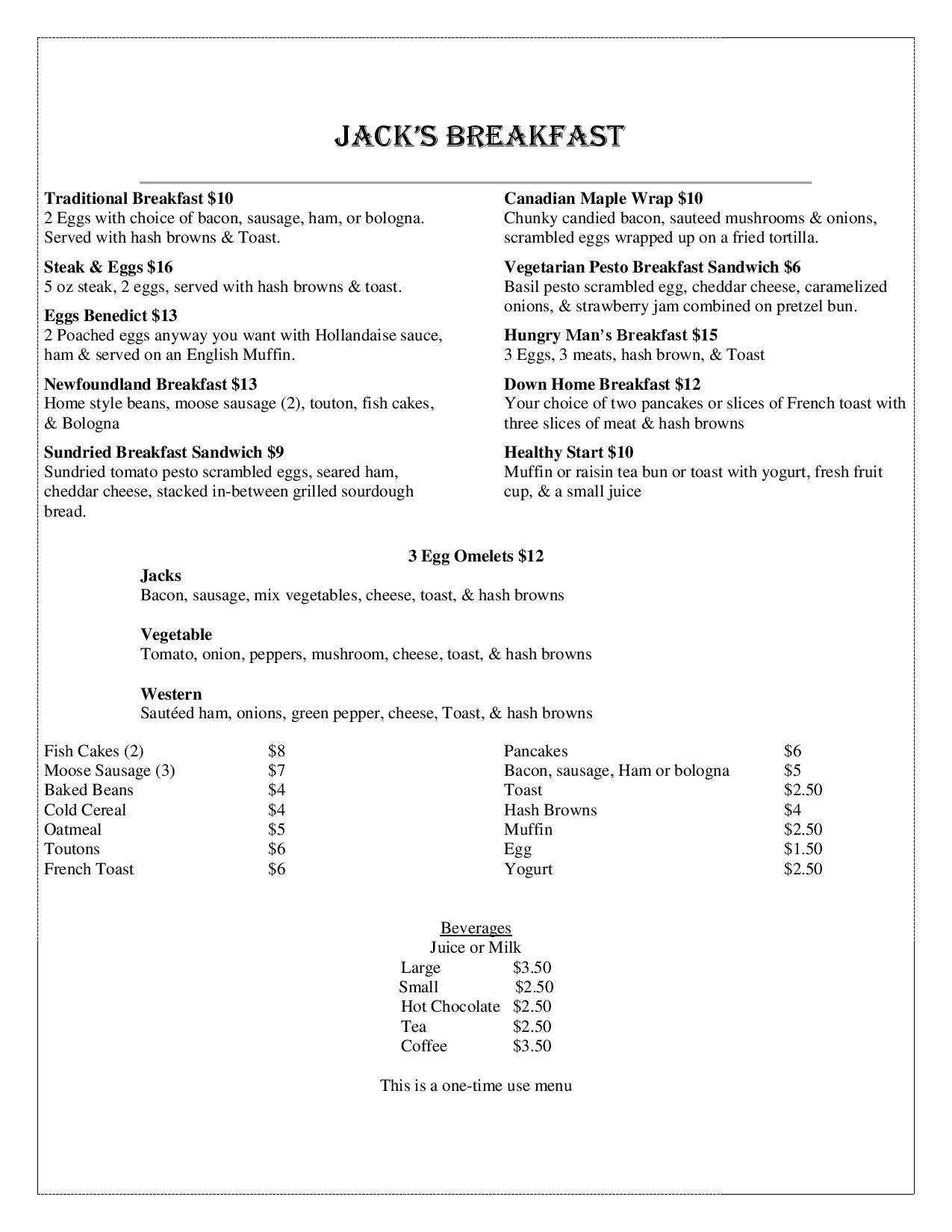 Menu at Capital Hotel restaurant, St. John's