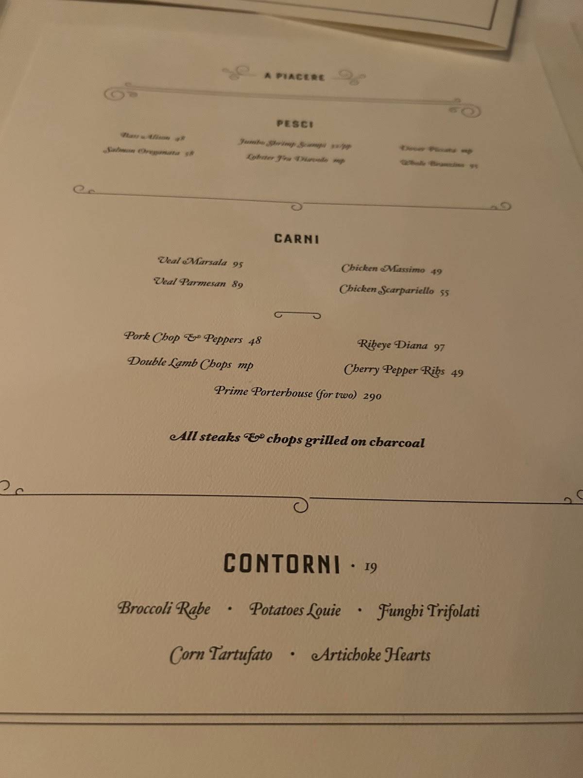 Menu at Carbone New York restaurant, New York City, 181 Thompson St