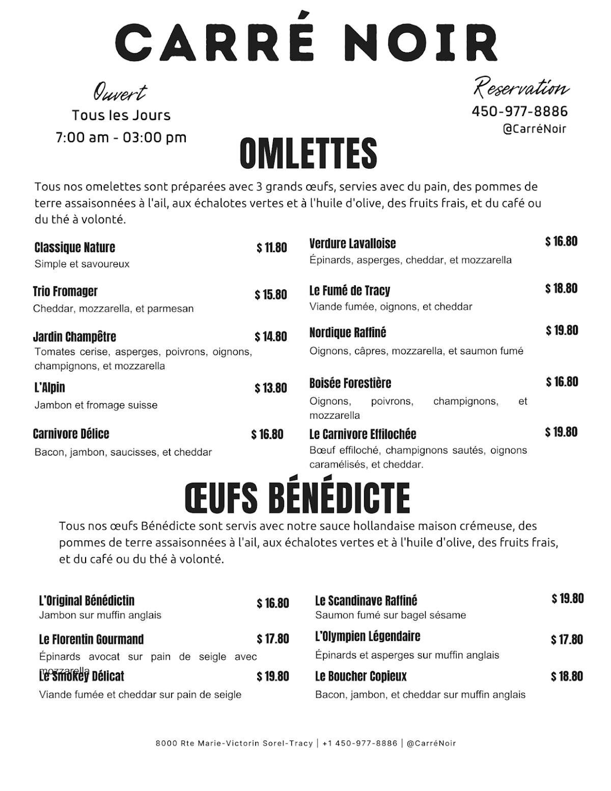 Carta de Restaurant Carré Noir, Sorel-Tracy