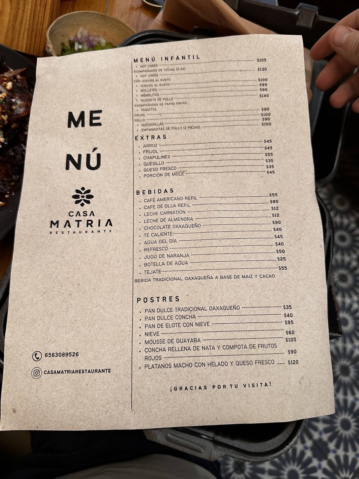 Carta del restaurante Casa Matria, Ciudad Juarez