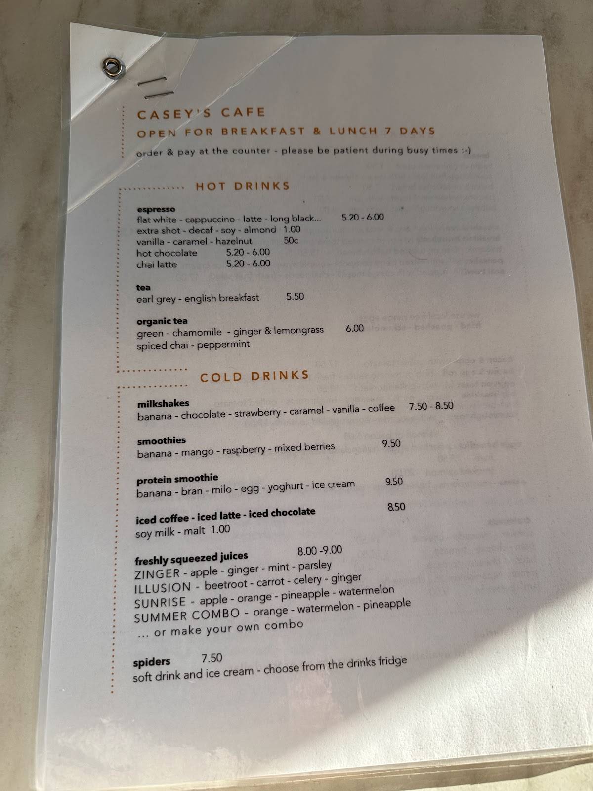 Menu at Casey's Cafe, Narooma