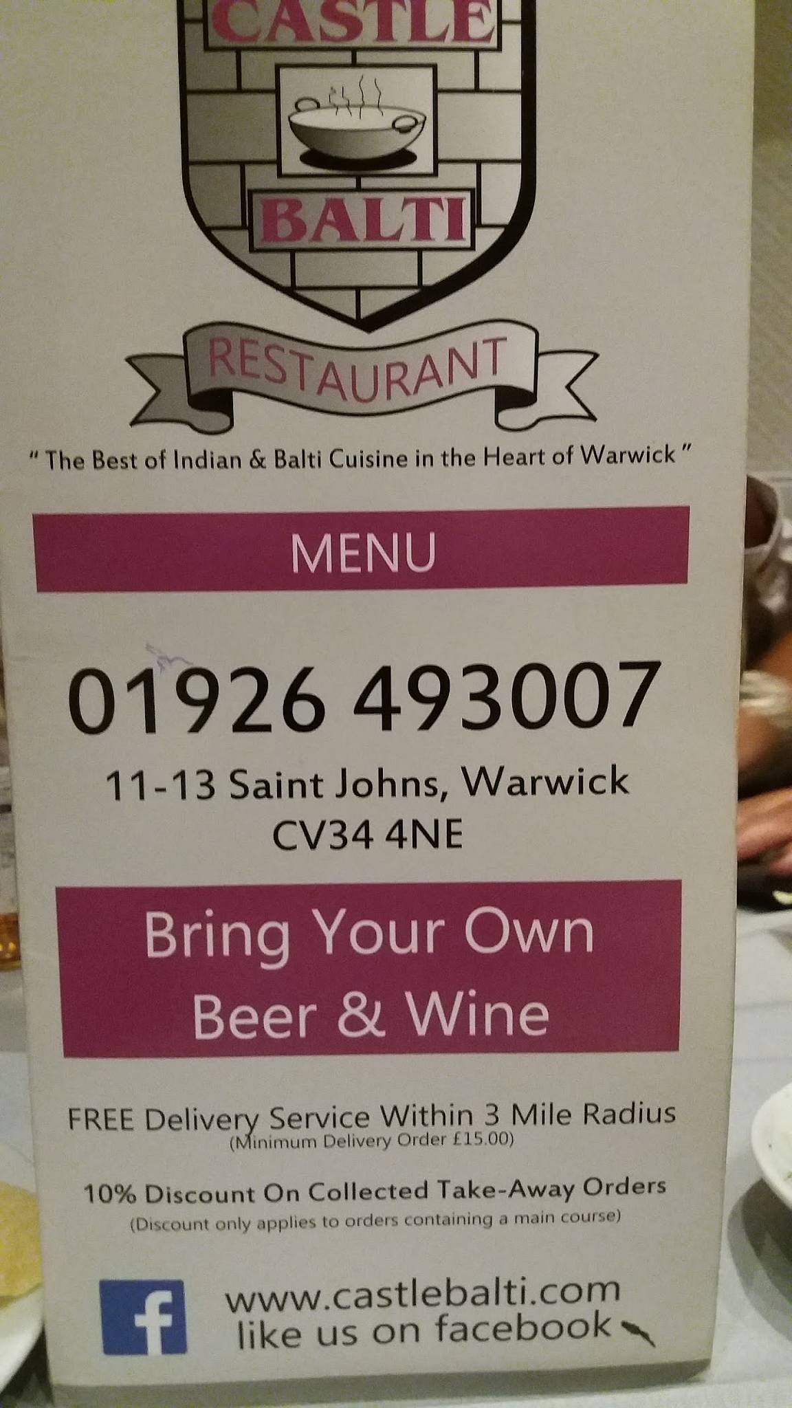 Menu at Castle Balti restaurant, Warwick