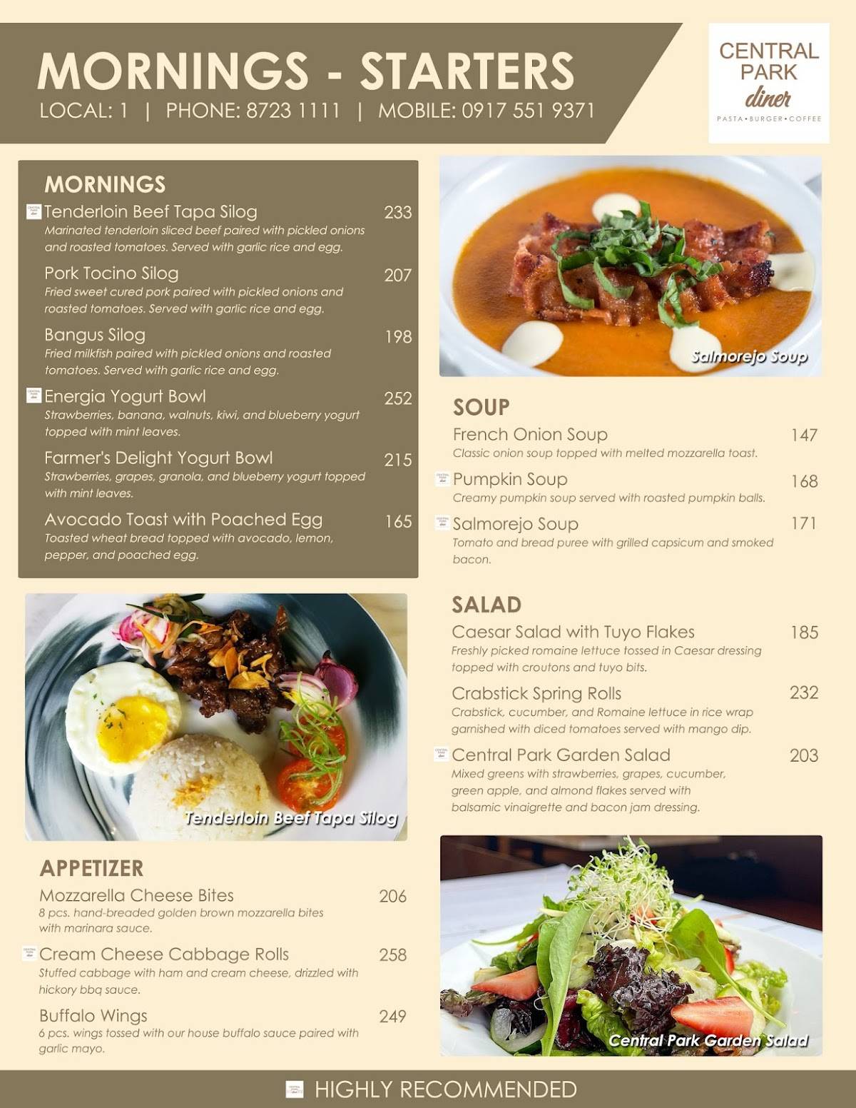 Menu at Central Park Diner restaurant, Quezon City