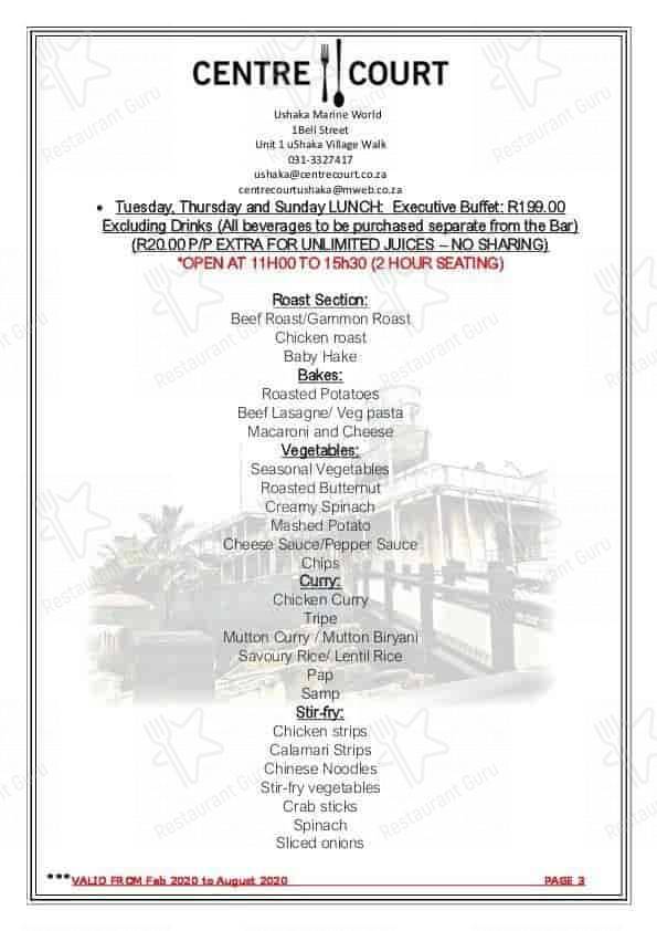 Menu at Centre Court restaurant, Durban, uShaka Marine World