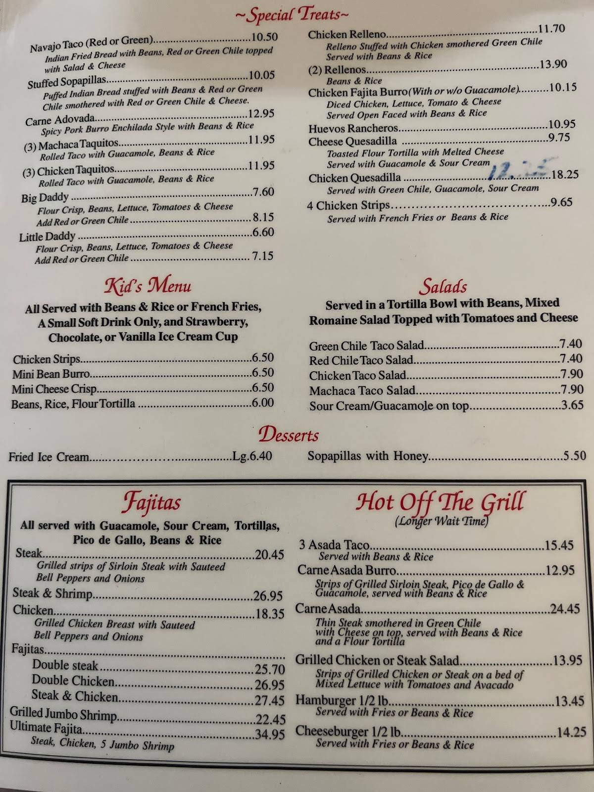 Menu at Chalo's Casa Reynoso restaurant, Globe