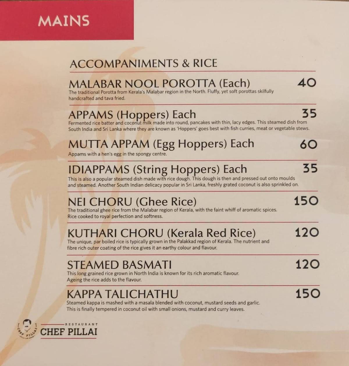 Menu at Restaurant Chef Pillai, Bengaluru