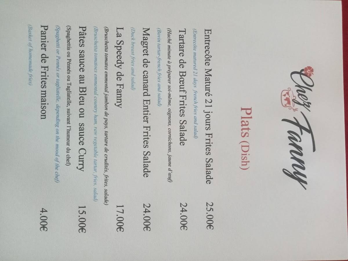 Menu au Chez Fanny restaurant, Le Porge