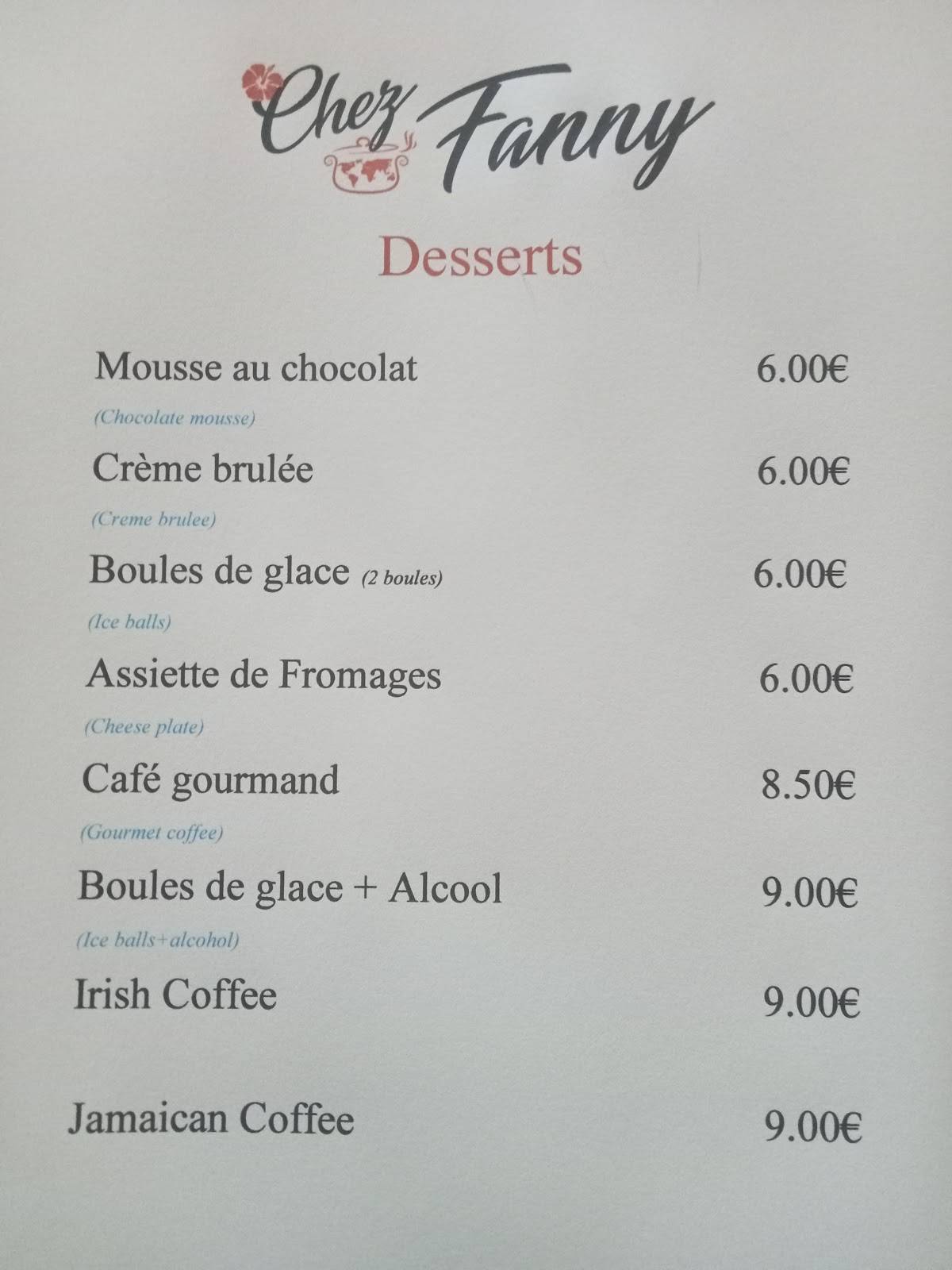 Menu au Chez Fanny restaurant, Le Porge