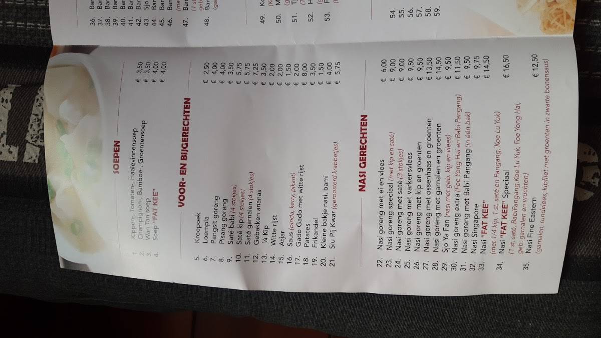 Menu at Fat-Kee takeout, Groot-Ammers