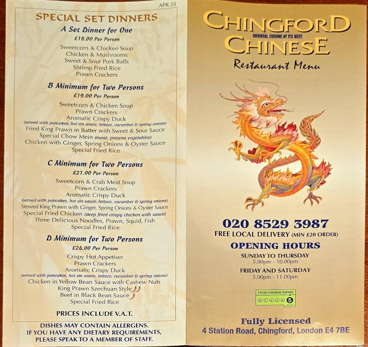 Menu at Chingford Chinese Take Away restaurant, London, 4 Station Rd
