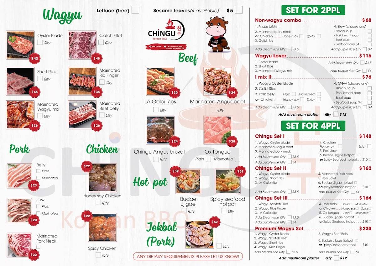Menu at Chingu Korean BBQ Caroline Springs, Caroline Springs