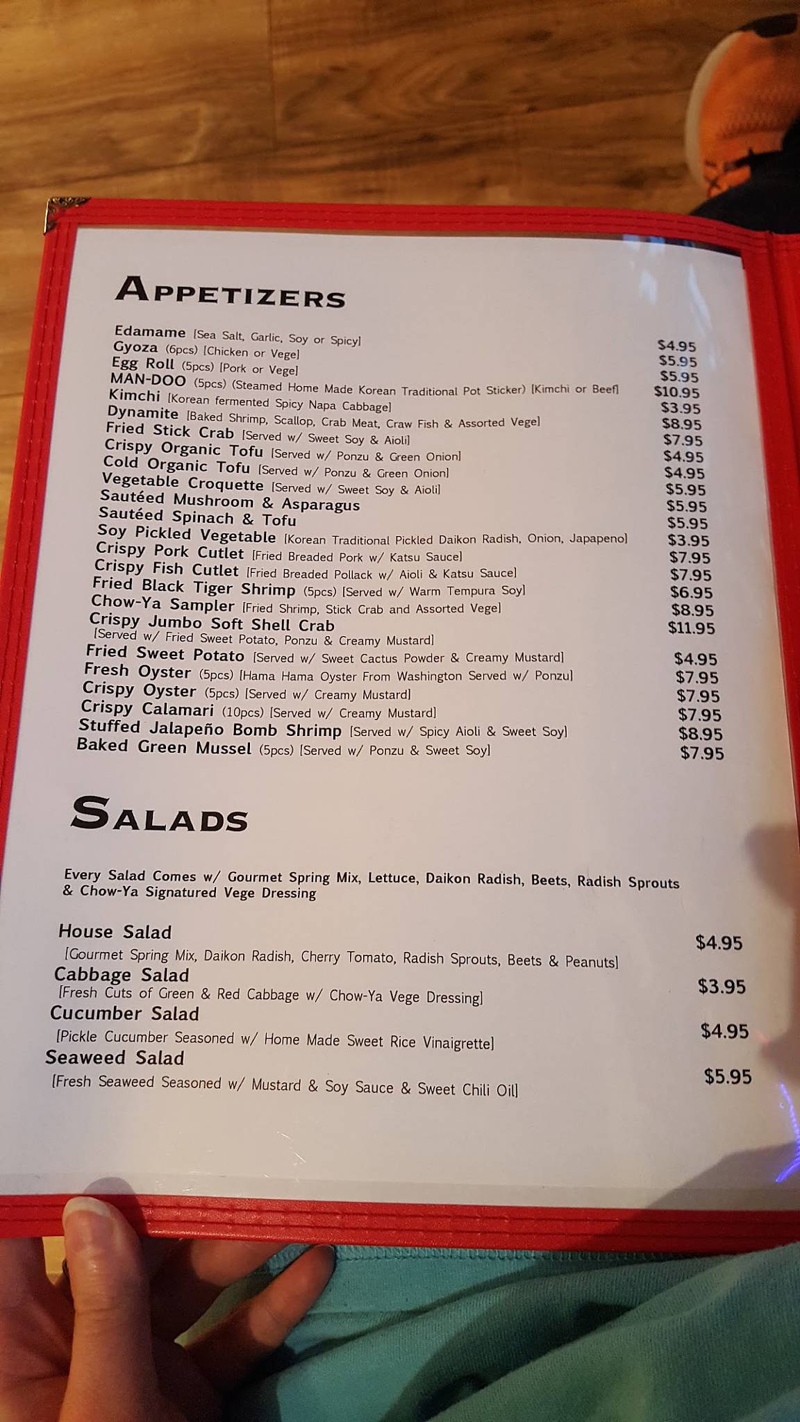 Menu at Chow-Ya restaurant, Lompoc