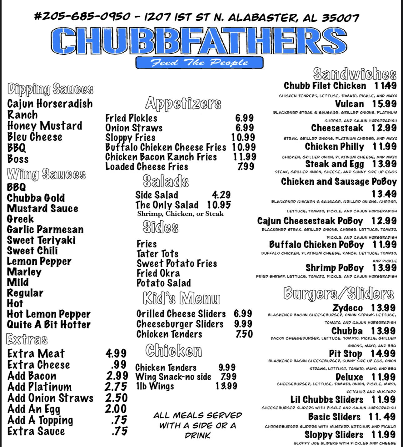 Menu at Chubbfathers restaurant, Alabaster, 229 Kent Stone Blvd