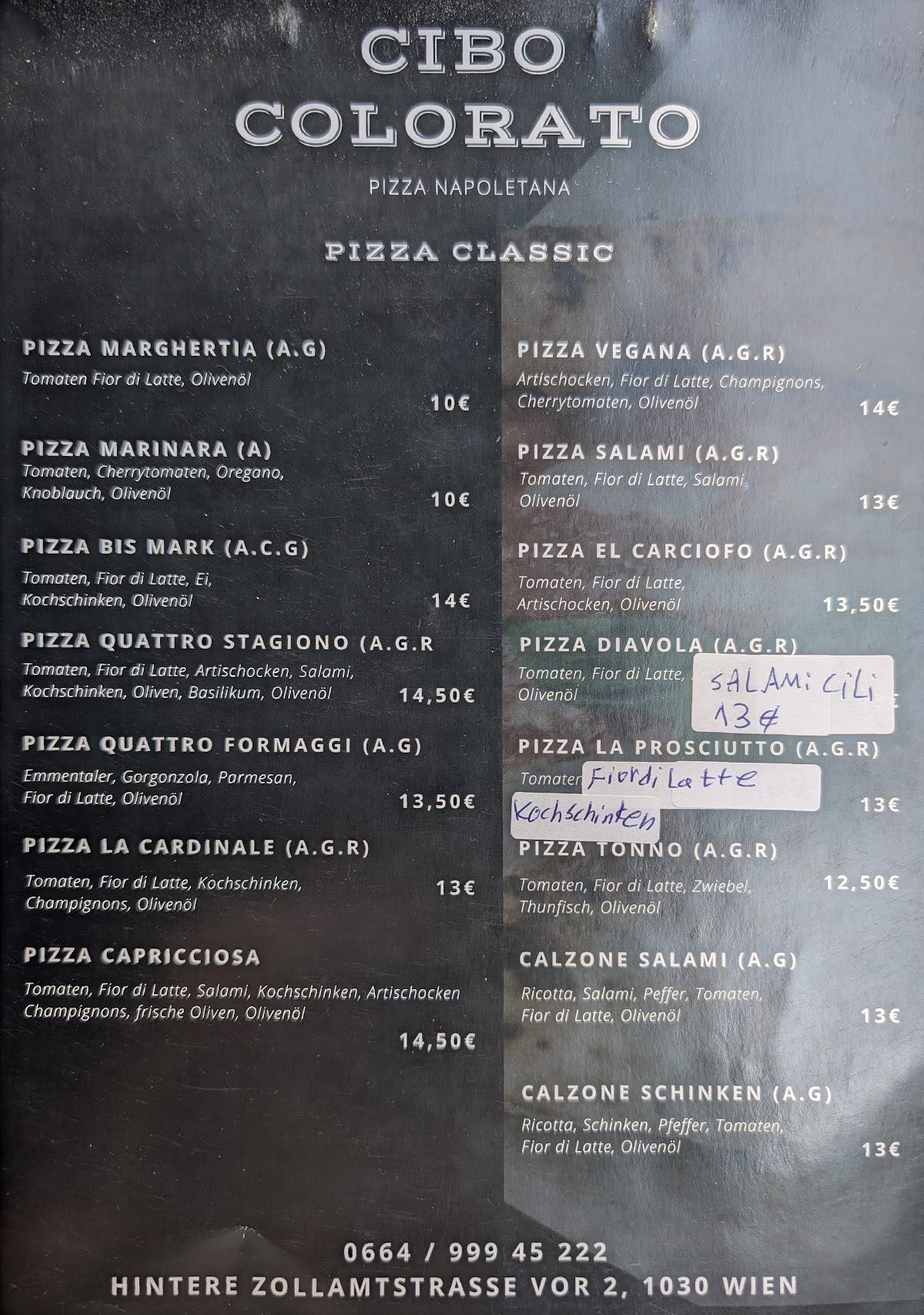Menu at Cibo Colorato restaurant, Vienna