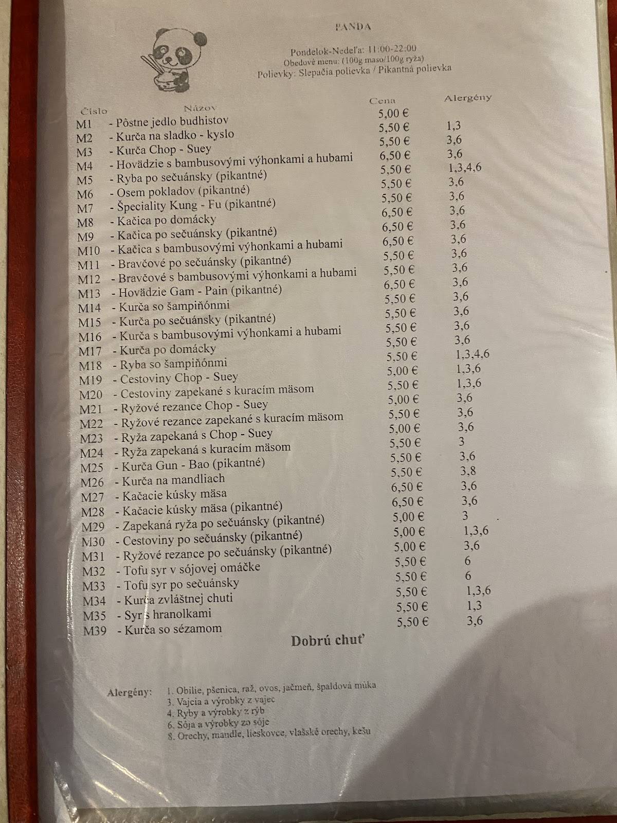Menu at Čínska reštaurácia Panda restaurant, Nové Zámky