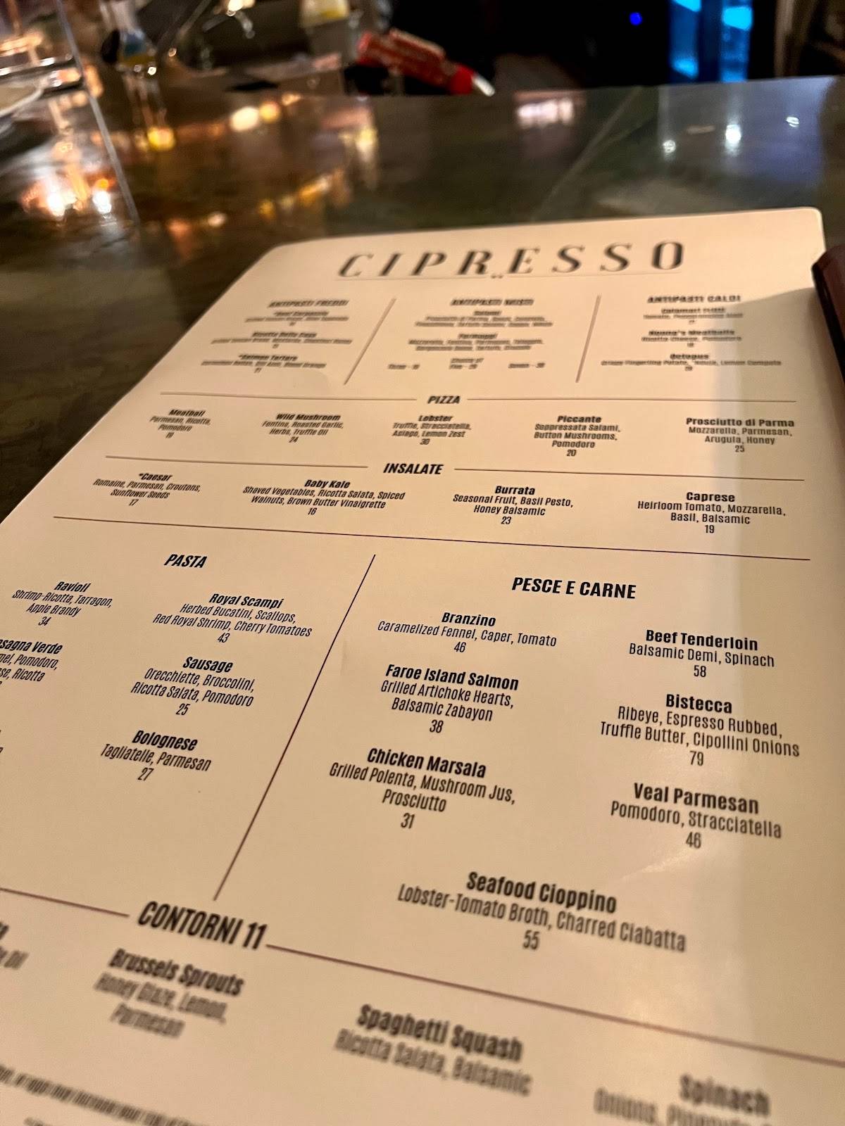 Menu at Cipresso (in Seminole Hard Rock Hollywood) restaurant, Hollywood