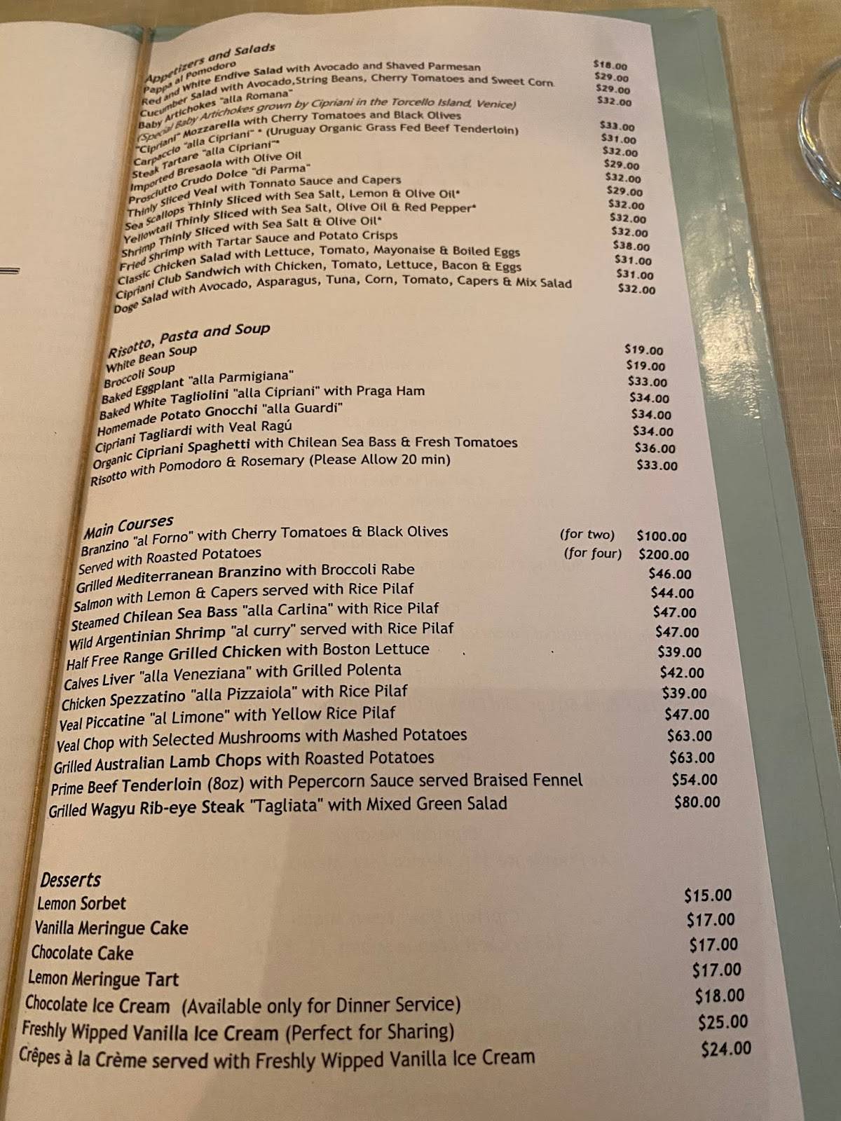 Menu at Cipriani Downtown restaurant, New York City, 376 W Broadway
