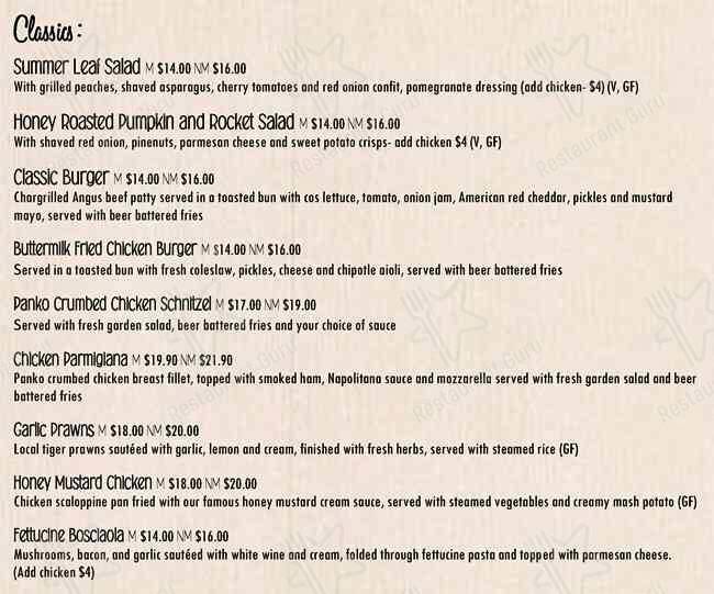 Menu at Club Sandgate, Sandgate