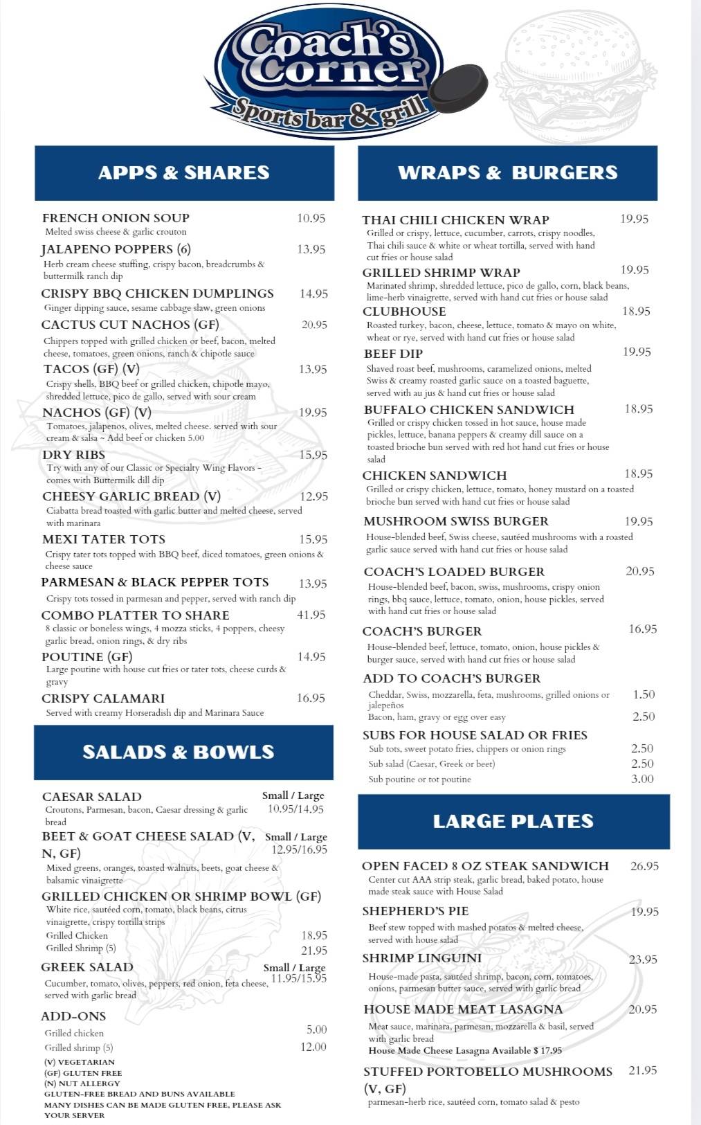 Menu at Coach's Corner Sport's Bar & Grill Gibbons, Gibbons