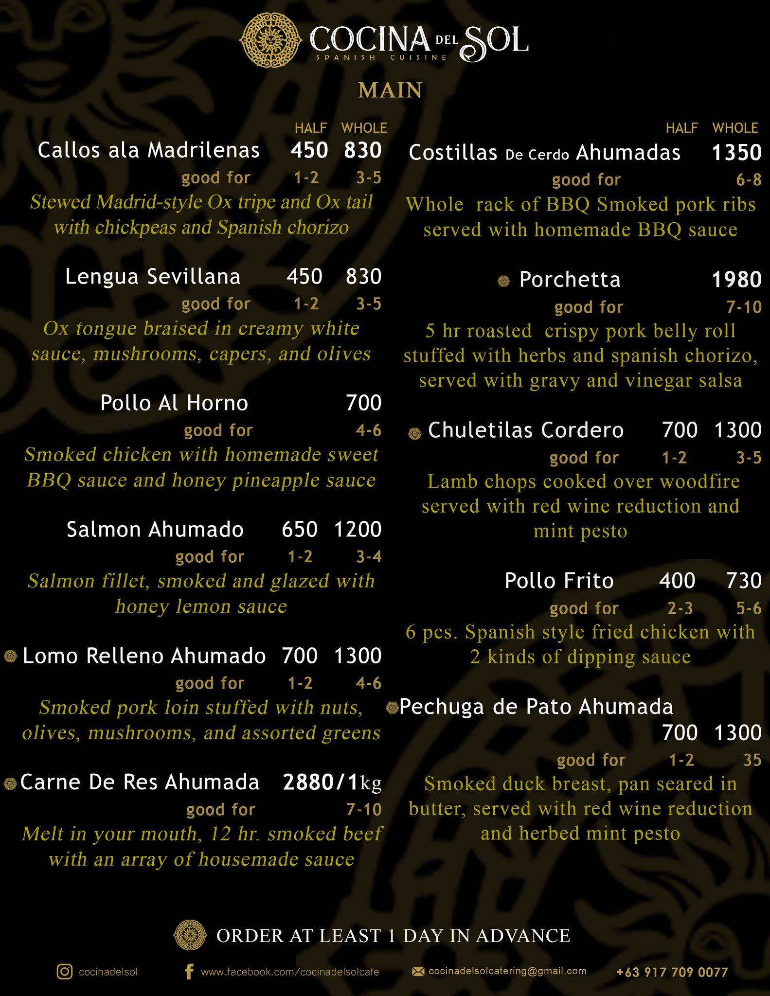 Menu at Cocina del Sol restaurant, Baguio
