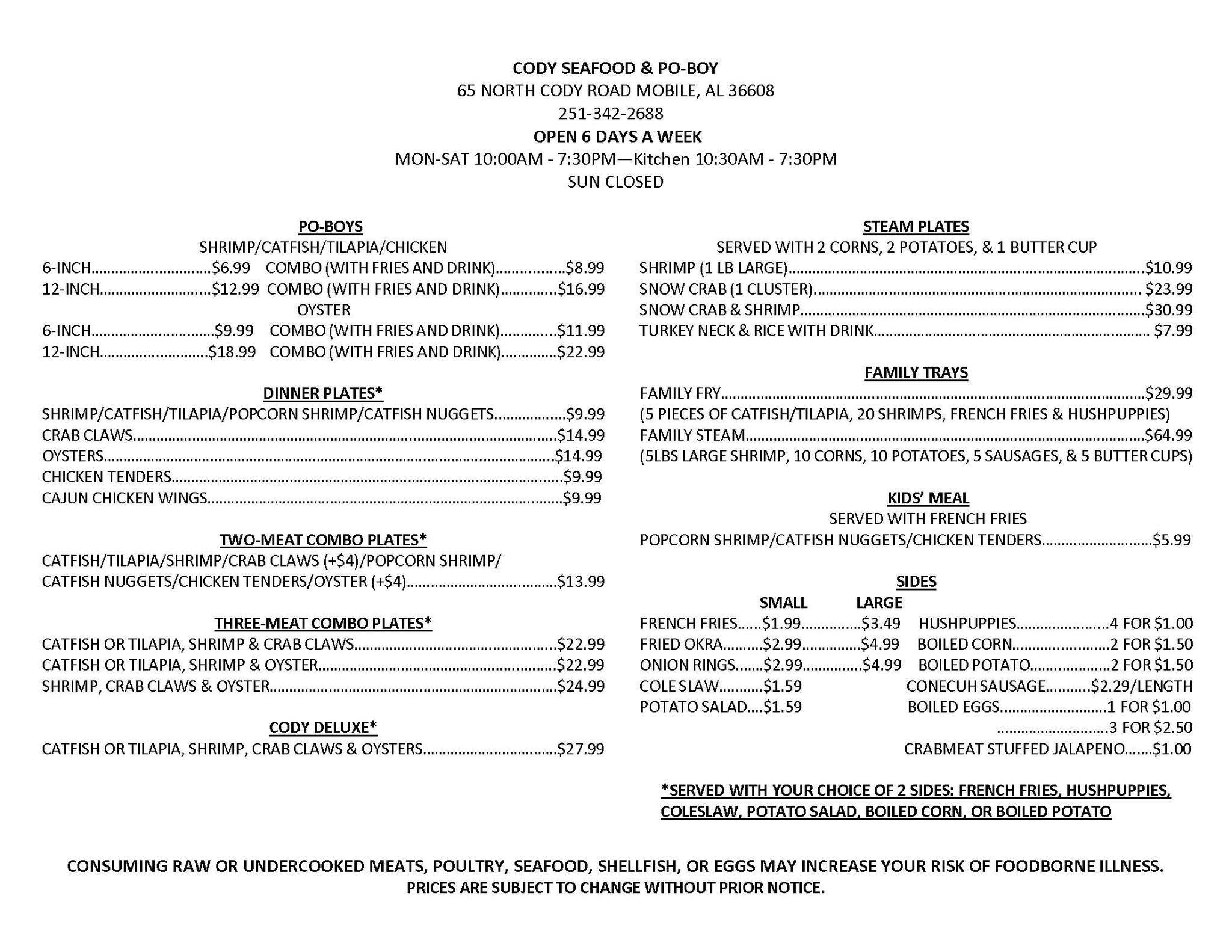 Menu at Cody Seafood restaurant, Mobile