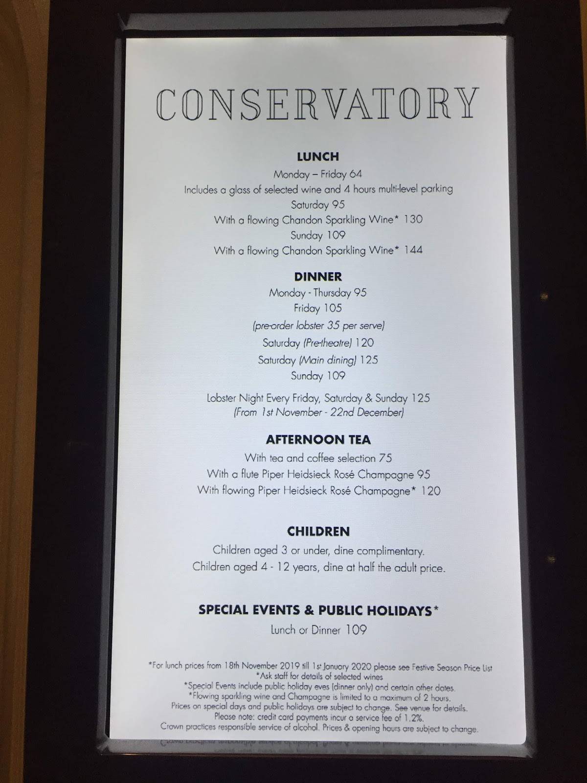 Menu at Conservatory restaurant, Southbank, Crown Melbourne