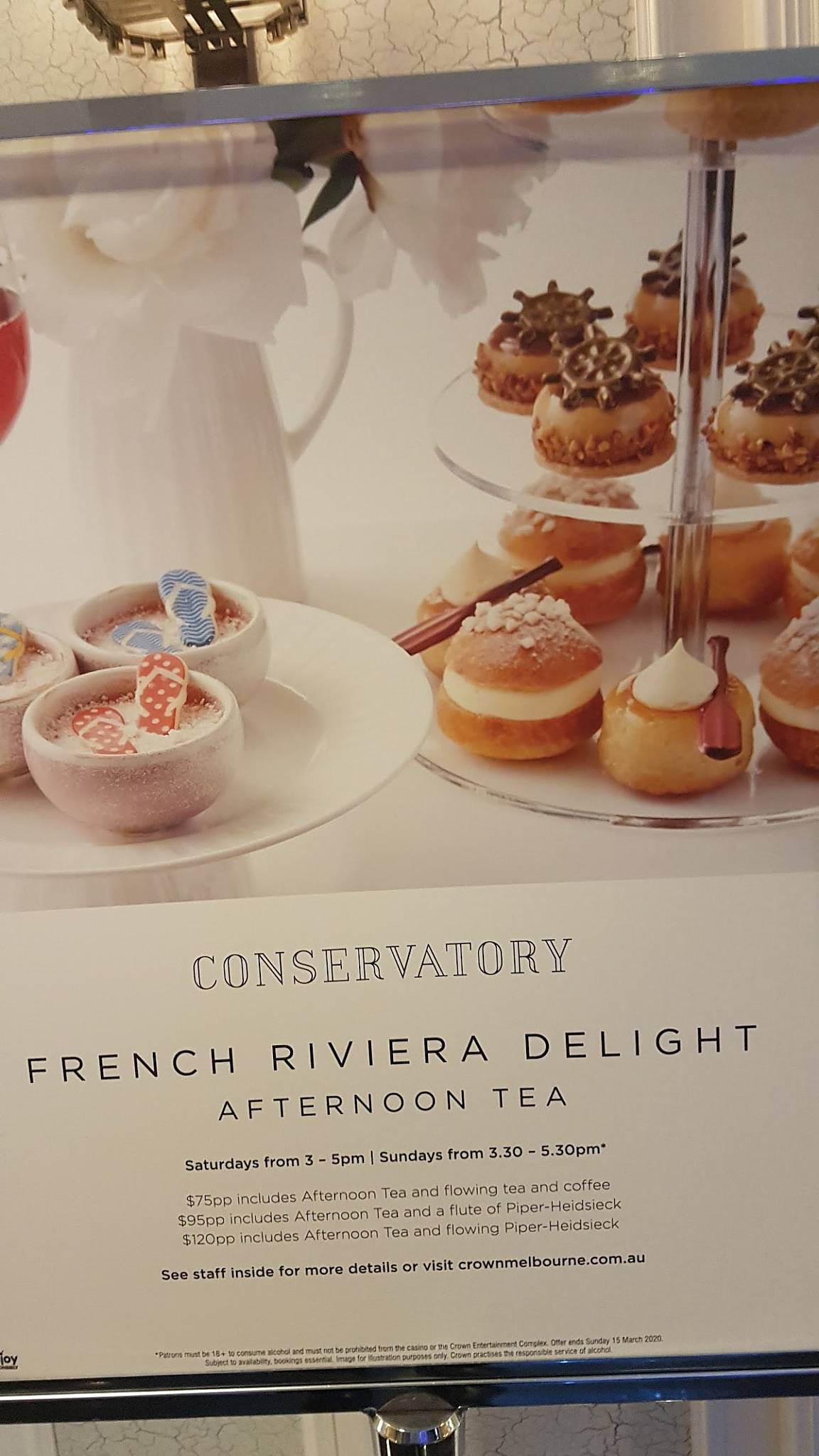 Menu at Conservatory restaurant, Southbank, Crown Melbourne