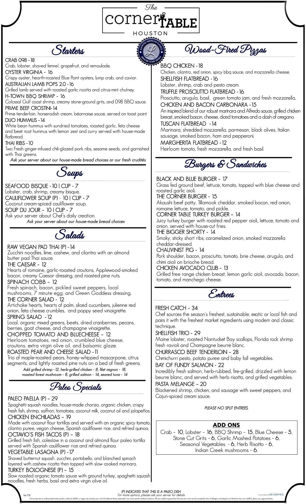 Menu at Corner Table Houston restaurant, Houston