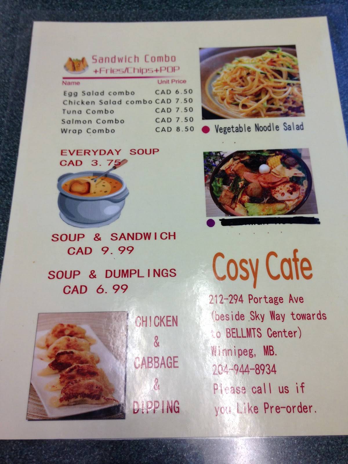 Menu at Cosy Cafe, Winnipeg