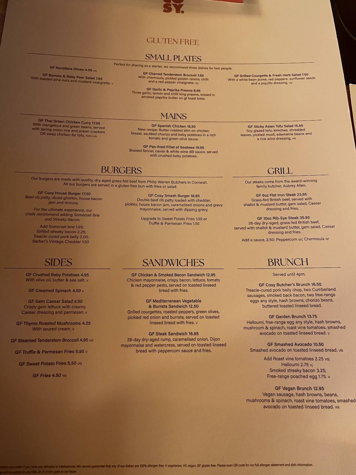 Menu at Cosy Club, Oxford
