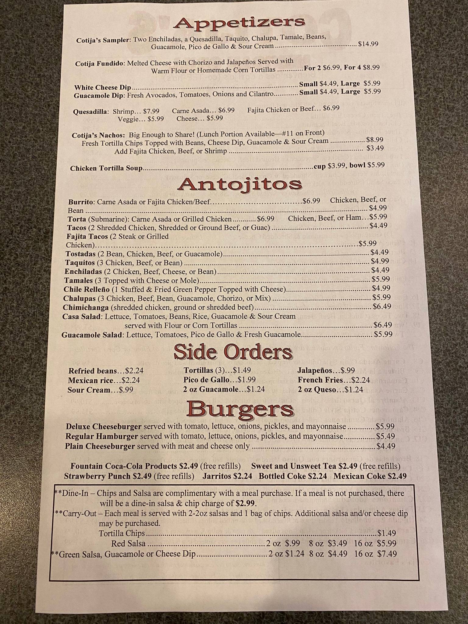 Menu at Cotija's restaurant, Little Rock