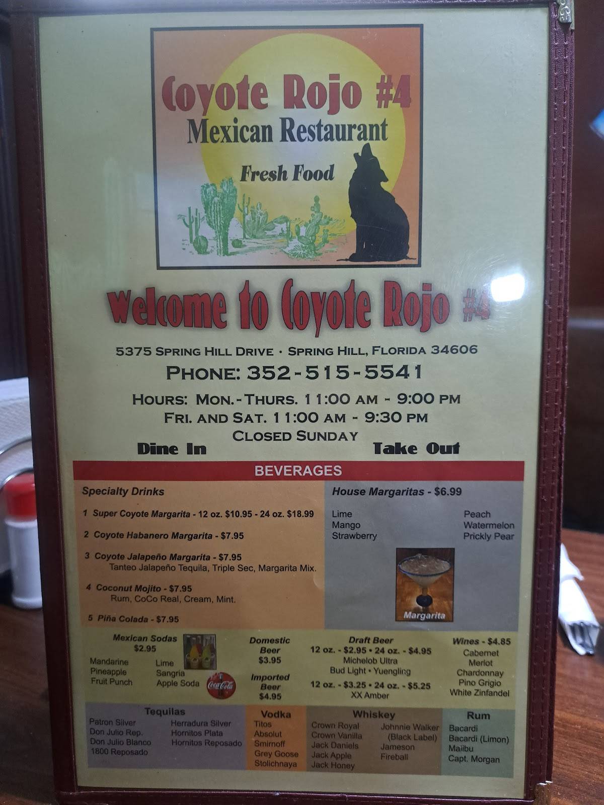 Menu at Coyote Rojo #4 restaurant, Spring Hill