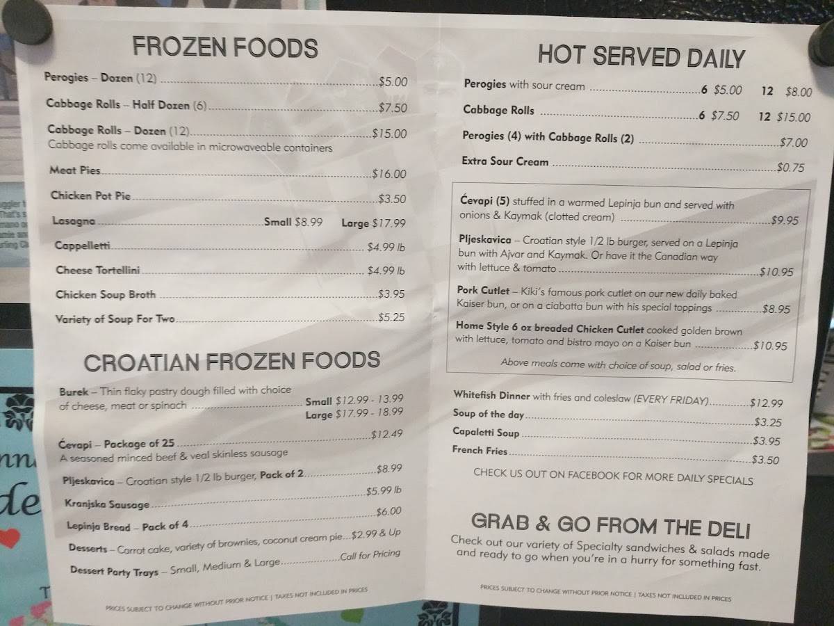 Menu at Croatian Corner restaurant, Sault Ste. Marie