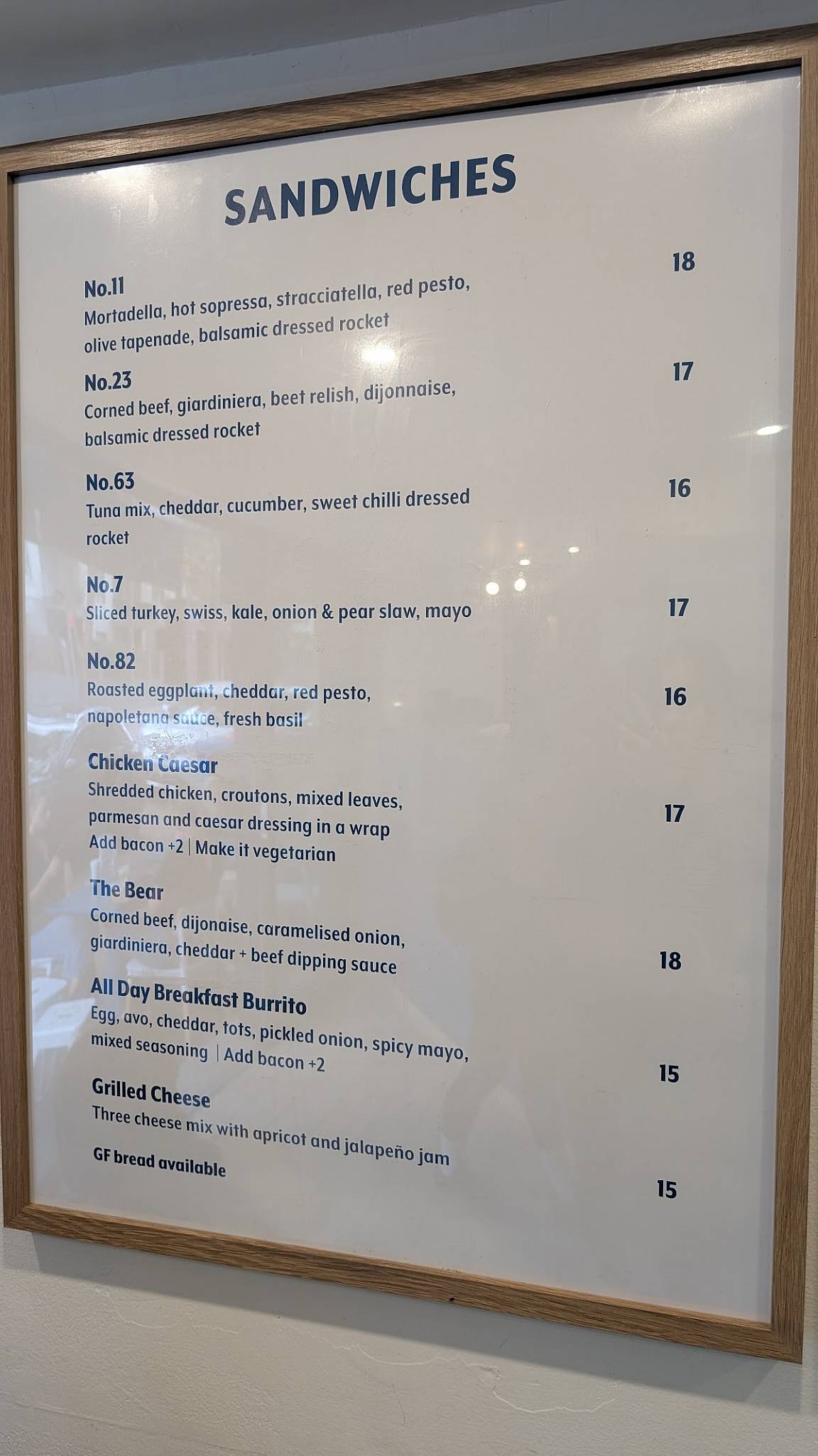 Carta del café Cross Section, Darlinghurst