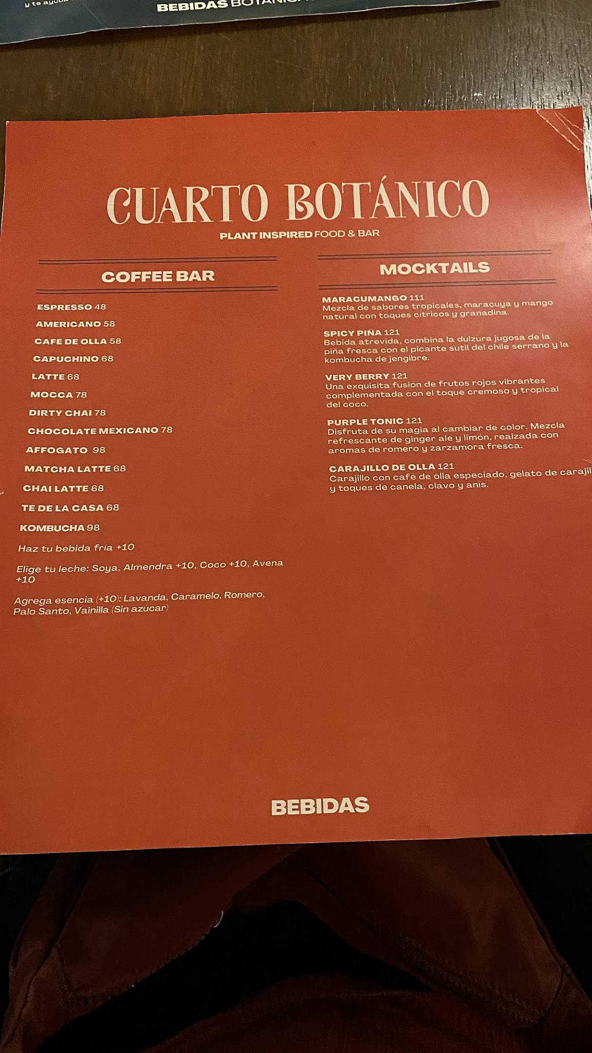 Menu at Cuarto Botánico restaurant, Monterrey