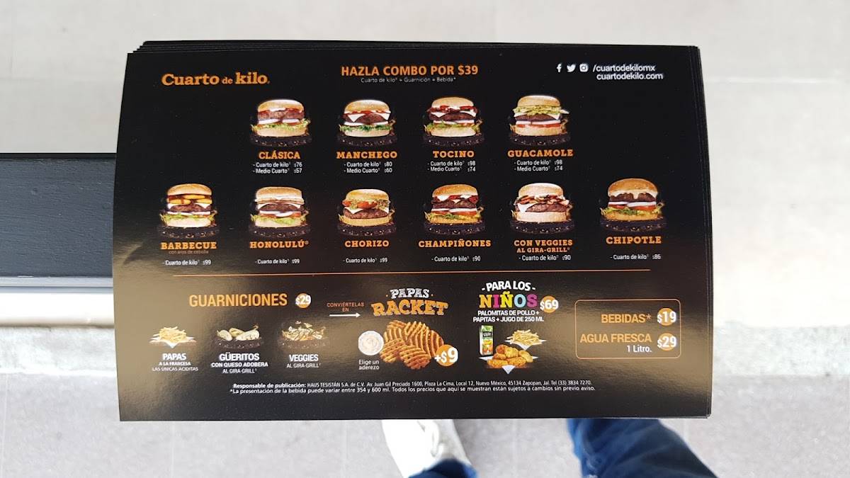 Menu at Cuarto de kilo restaurant, Zapopan, Plaza La Cima 1600-L-12