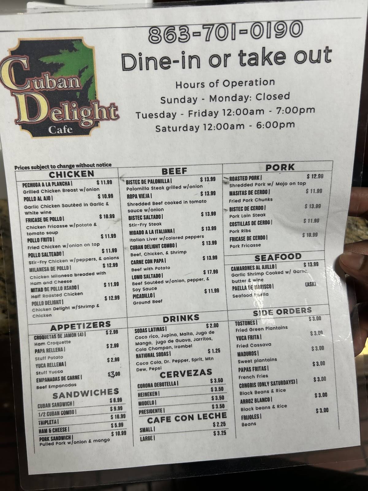 Menu at Cuban Delights Cafe, Lakeland