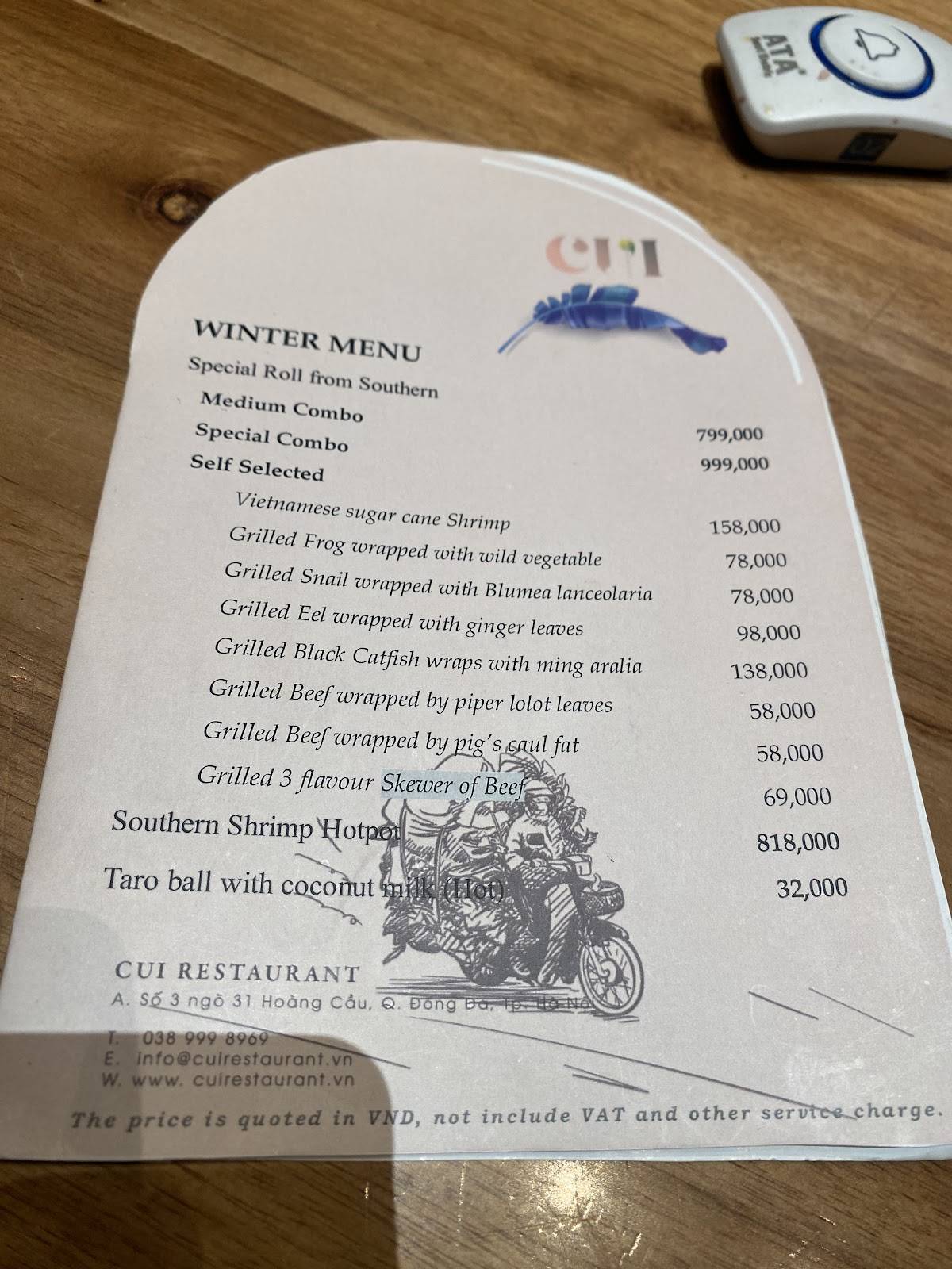 Menu at Củi Restaurant, Hanoi