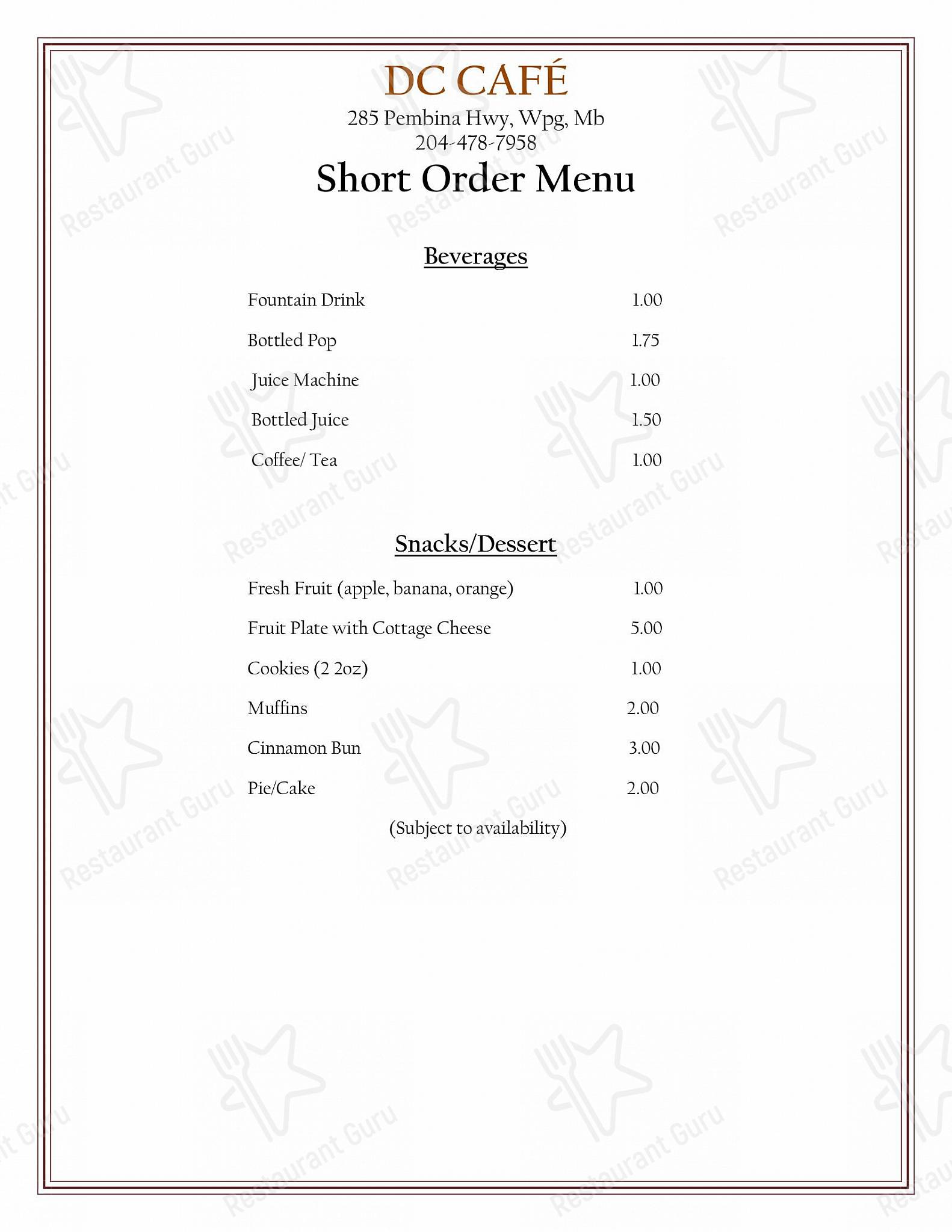 Menu at DC Cafe, Winnipeg