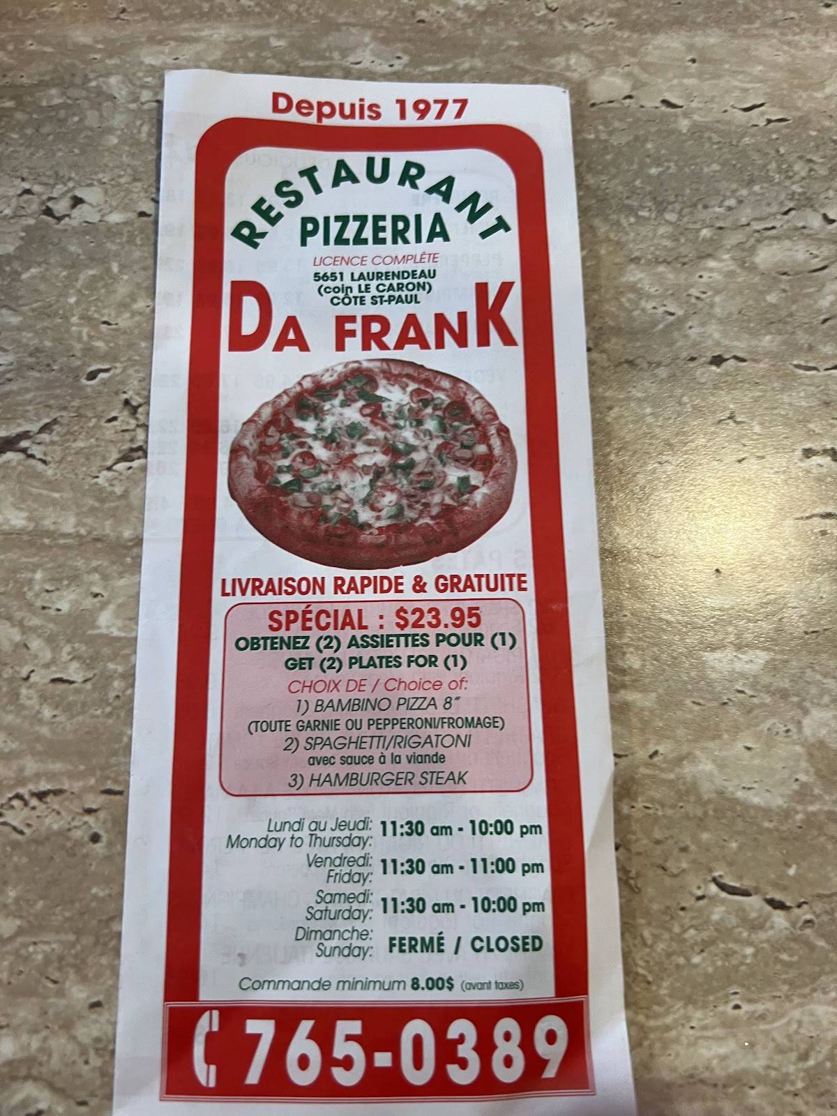 Menu au Restaurant Da Frank, Montréal