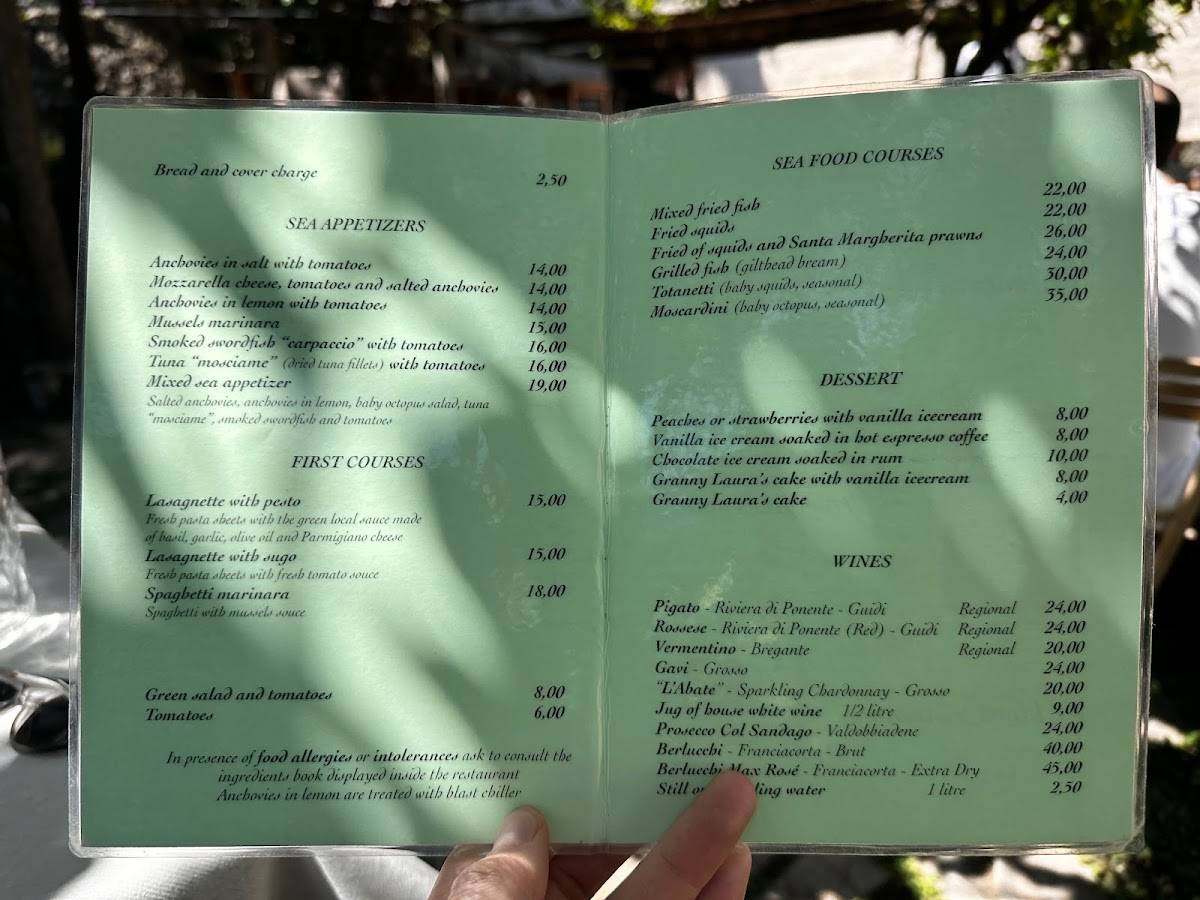 Menu at Da Laura restaurant, San Fruttuoso, Via S. Fruttuoso
